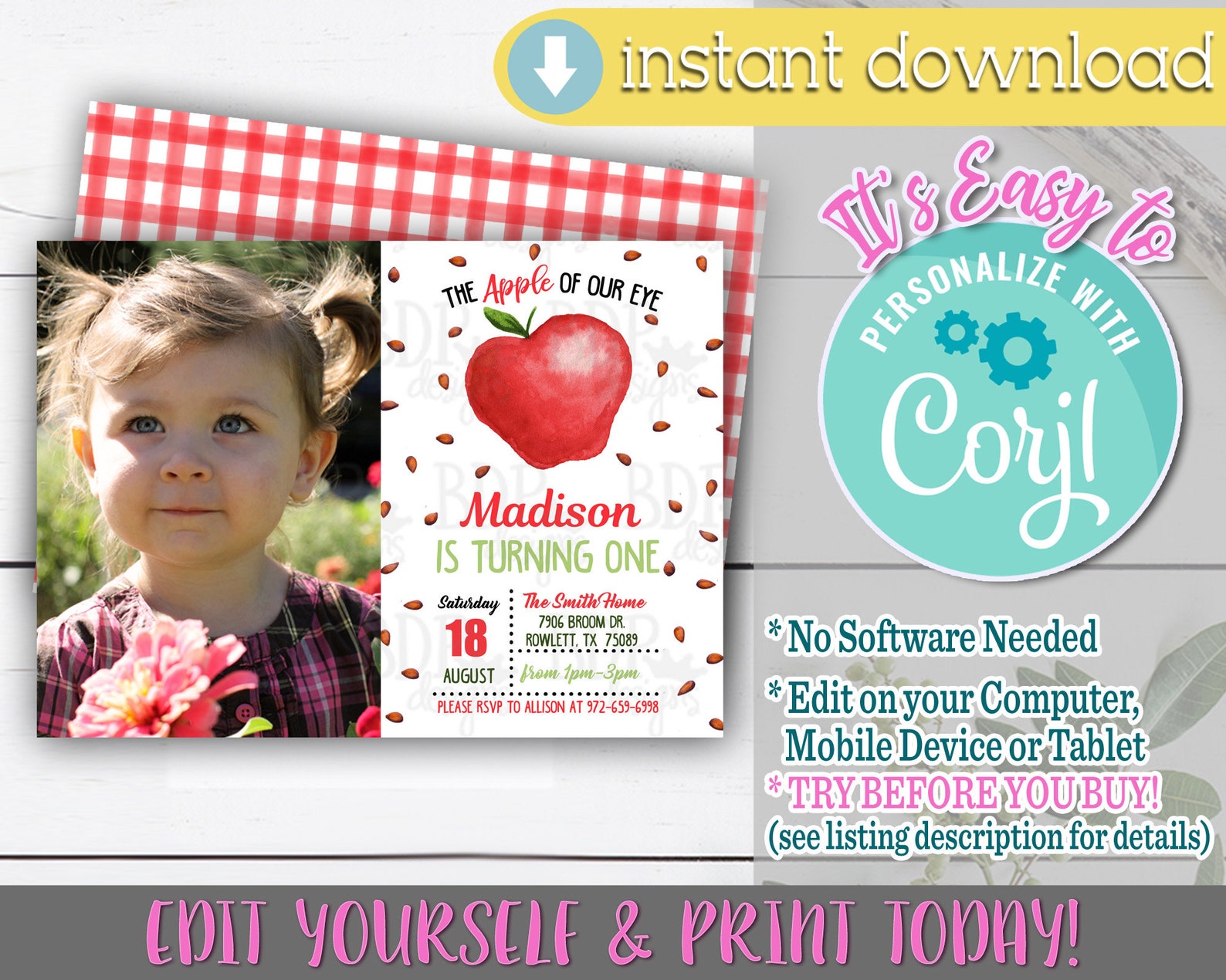 Apple Birthday Invitation Apple First Birthday Invitation - Etsy