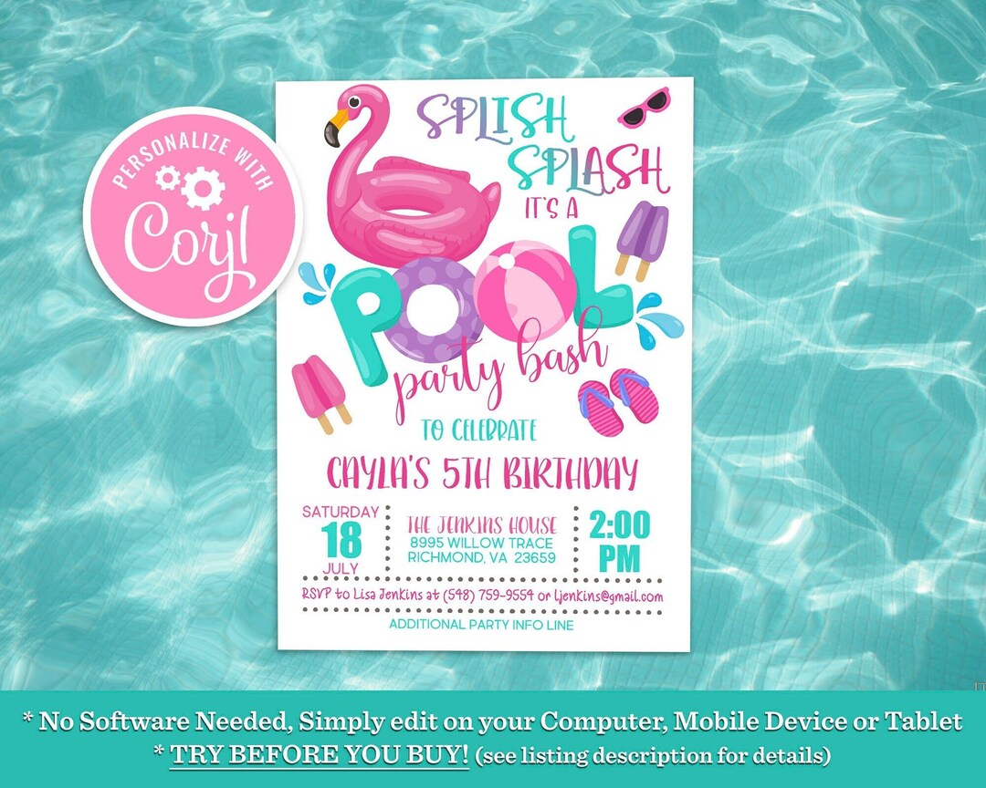 Flamingo Pool Party Invitation, Editable Girl Flamingo Pool Party ...