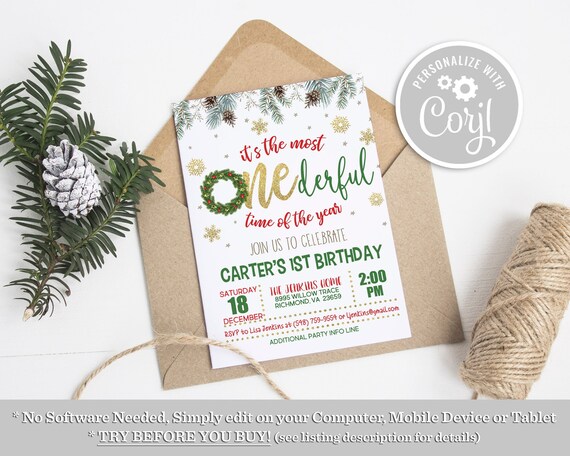Christmas First Birthday Invitation, It's the Most ONEderful Time of ...