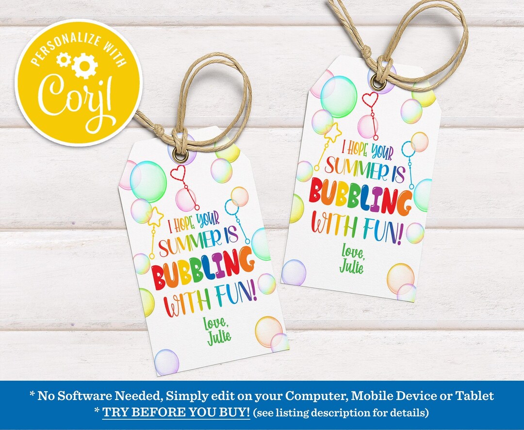 Bubbling With Fun Tag, Kids Bubble Gift Tags, Summer Bubbles, Last Day ...