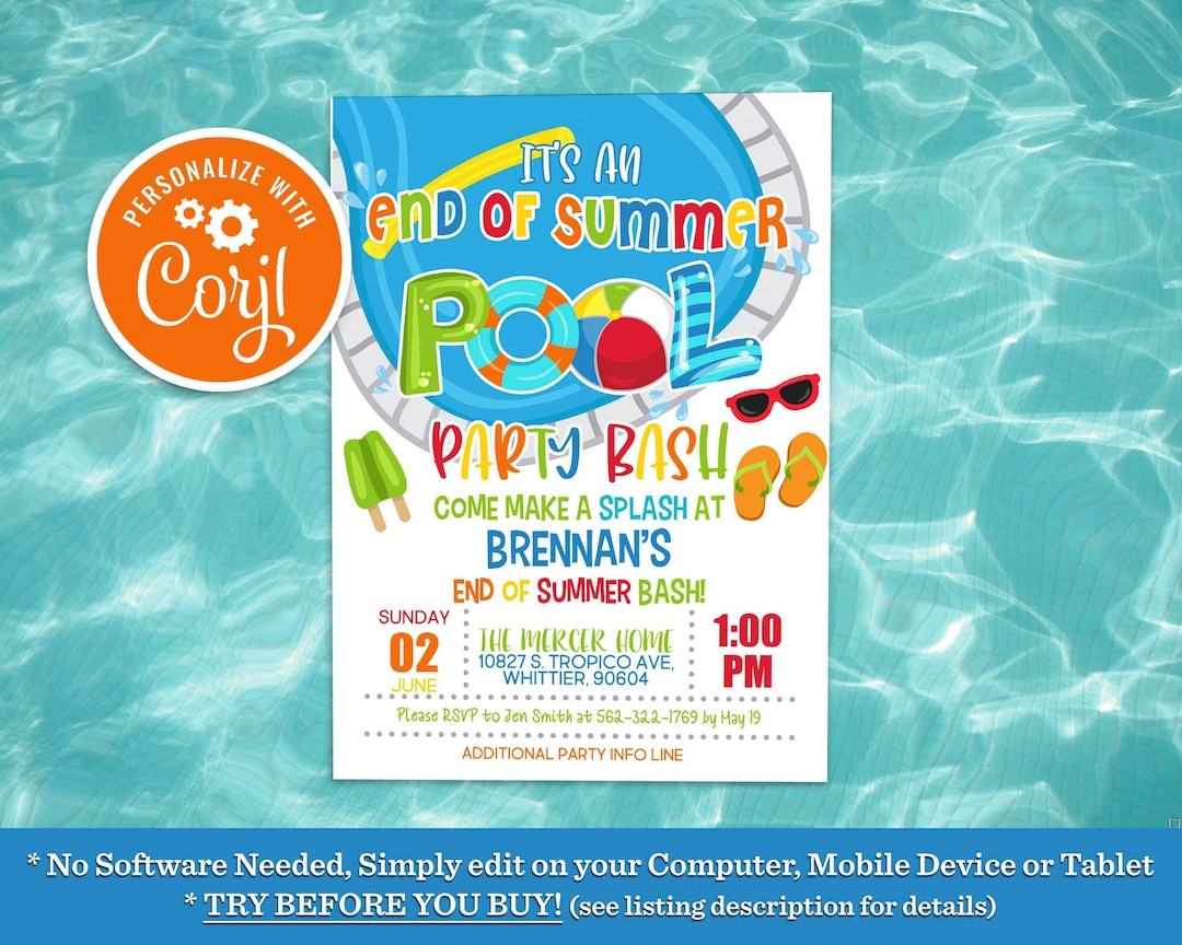 End of Summer Pool Party Invitation Back to School Goodbye Pool Hello ...