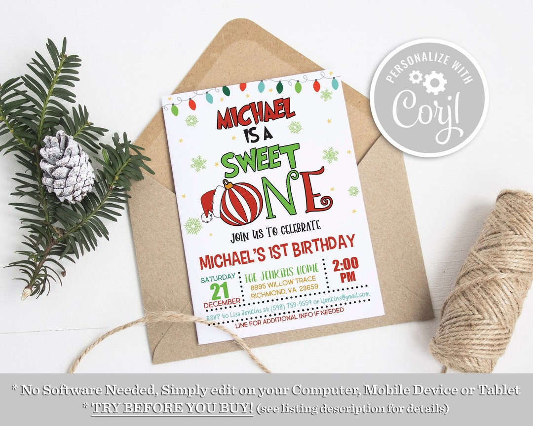 Christmas First Birthday Invitation, Sweet One Birthday Invitation ...