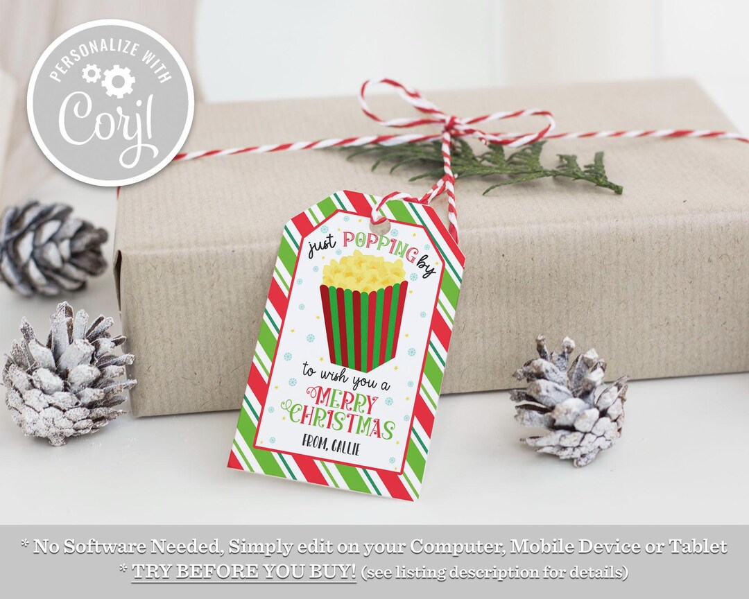 Christmas Popcorn Gift Tag Just Popping by to Wish You Merry Christmas ...