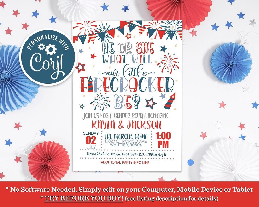 Little Firecracker Gender Reveal Invitation, Editable 4th of July Baby ...