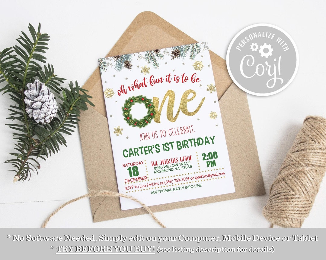 Christmas First Birthday Invitation: Oh What Fun to Be One (digital ...
