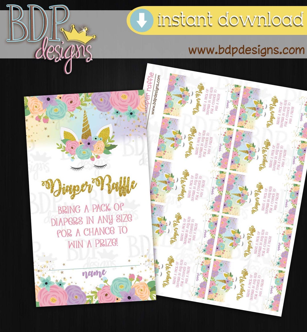 Floral Unicorn Diaper Raffle Cards Magical Rainbow Celebration Girl ...
