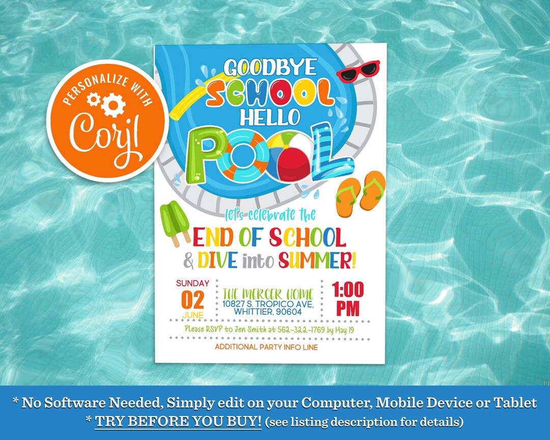 Editable End of School Pool Party Invitation, End of School Goodbye ...