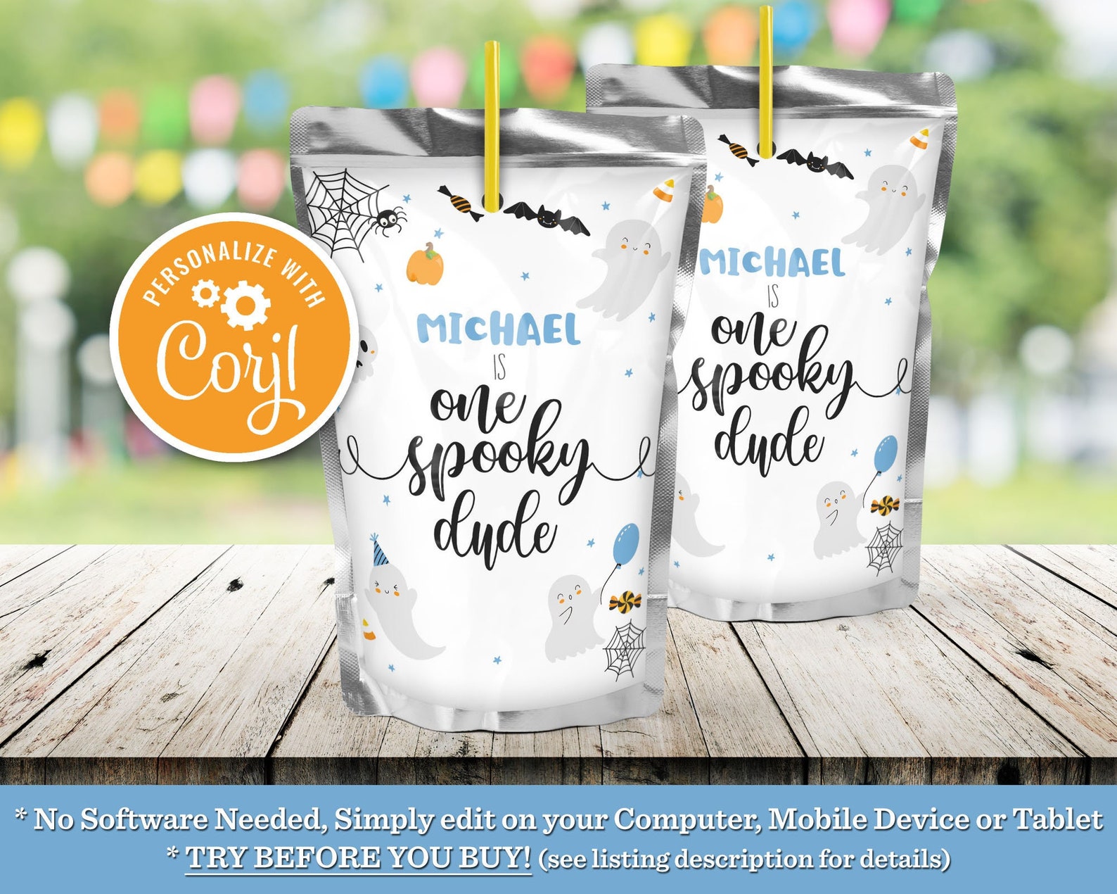 One Spooky Dude Juice Pouch Label: Boy Ghost Halloween Birthday ...