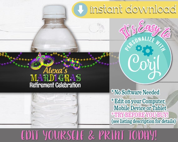 Mardi Gras Retirement Water Bottle Label, Mardi Gras Water Bottle ...