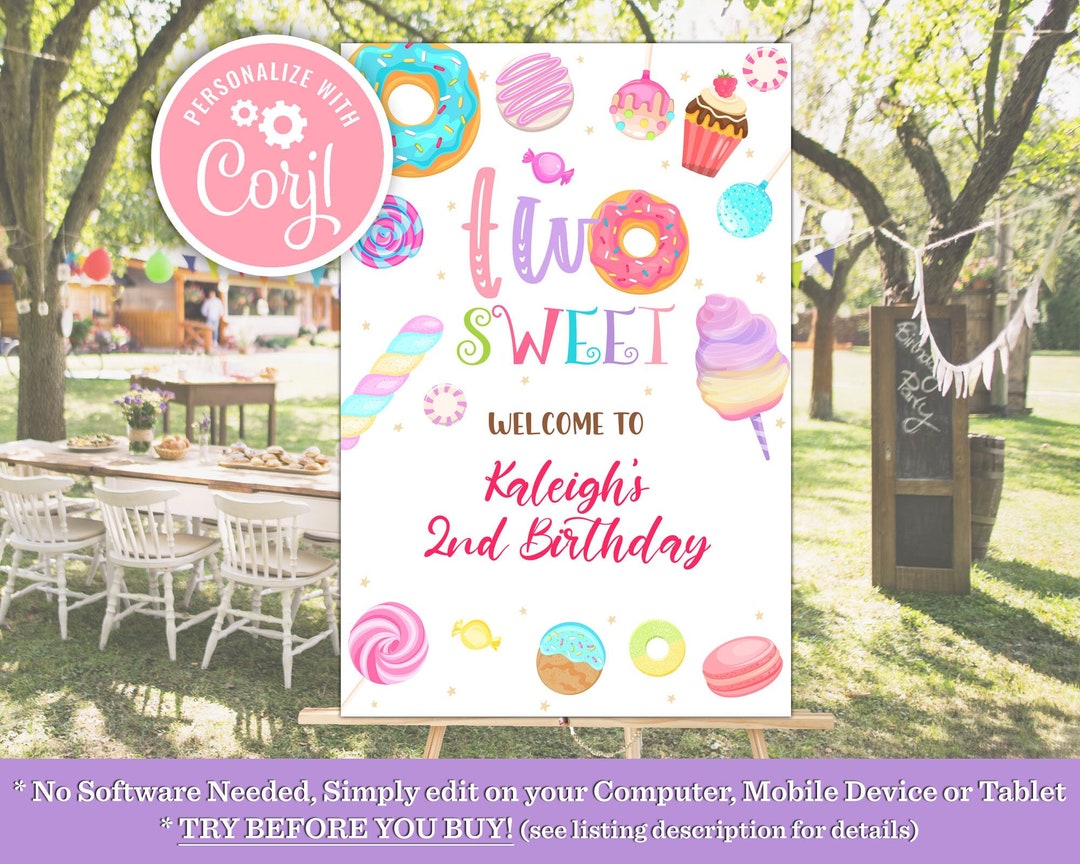 Editable Two Sweet Birthday Welcome Sign 2nd Birthday Welcome Poster ...