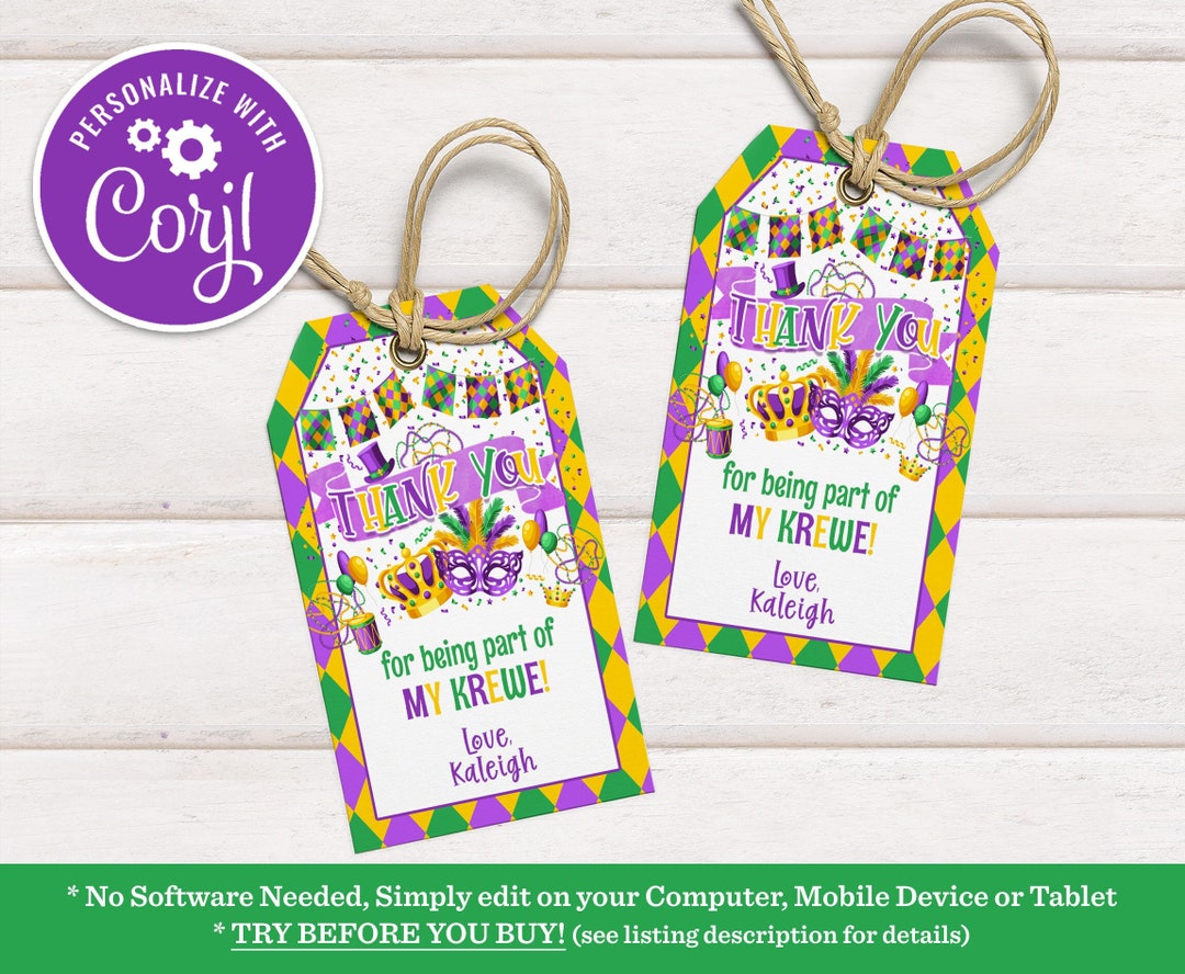 Editable Mardi Gras Favor Tag Fat Tuesday New to the Krewe Birthday ...