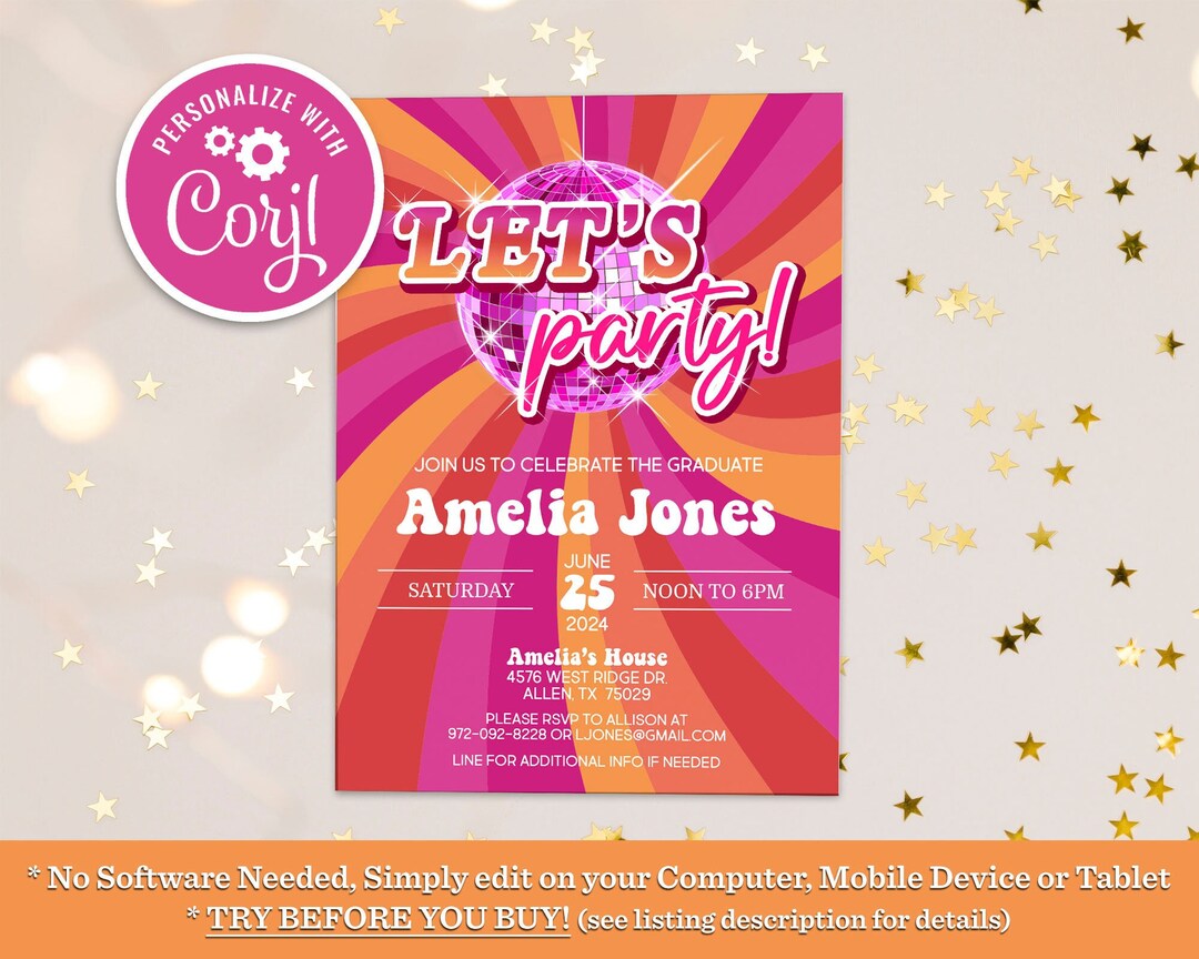 Editable Disco Graduation Party Invitation, Retro Groovy Disco Ball ...