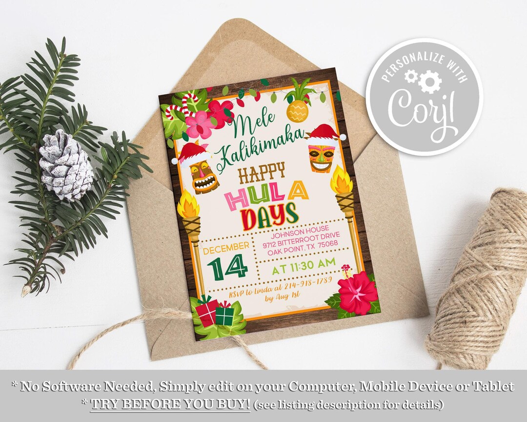 Tropical Christmas Party Invitation: Hawaiian Luau, Editable (digital ...
