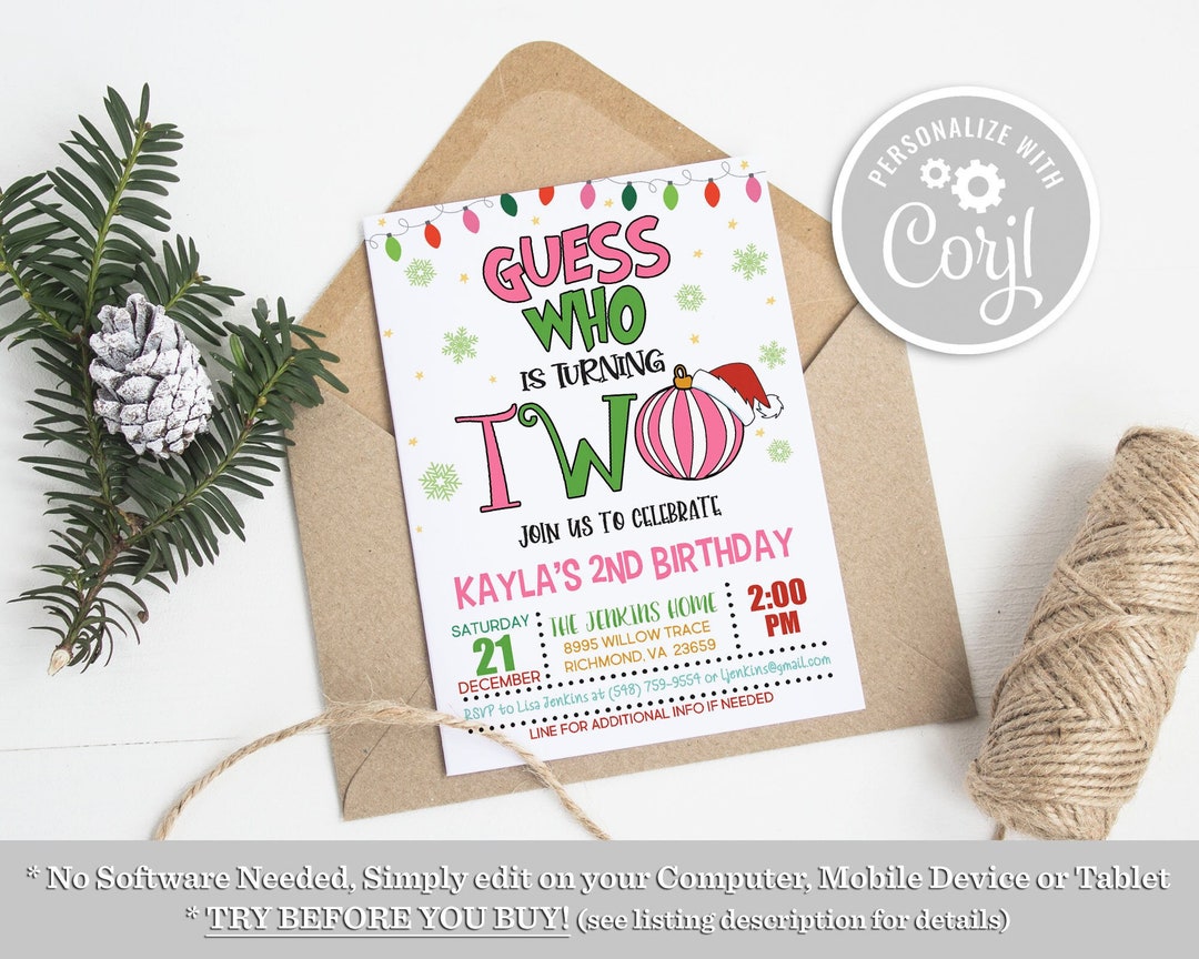 Guess Who is Turning Two Invitation, Christmas Birthday Invitation, 2nd ...
