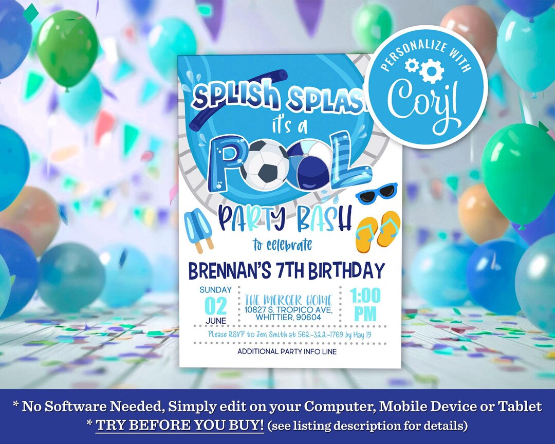 Editable Soccer Pool Party Birthday Invitation Sports Summer Pool Party ...