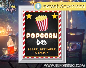 Christmas Movie Night Printable Popcorn Bar Sign Holiday Movie Birthday ...