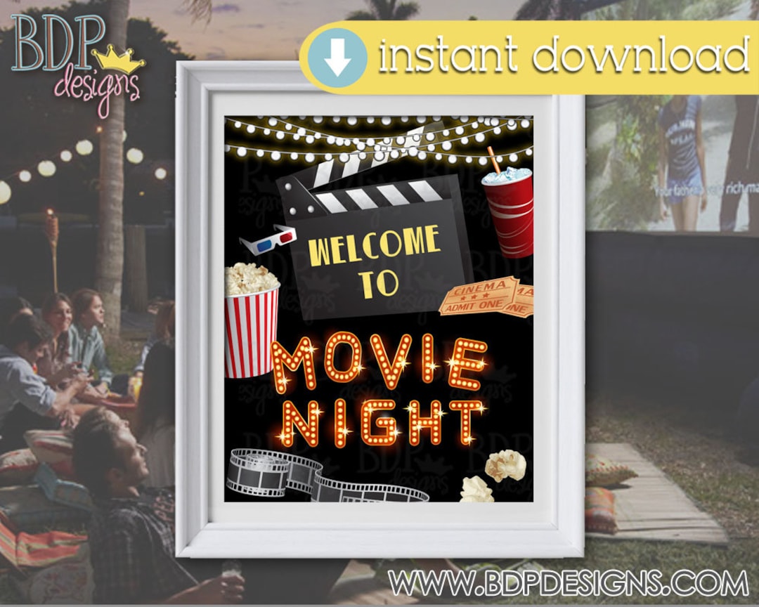 Movie Night Welcome Sign PRINTABLE INSTANT DOWNLOAD Bridal Shower ...