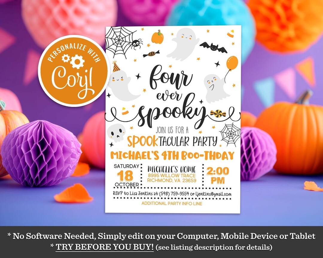 Editable Four Ever Spooky Halloween 4th Birthday Party Invitation, Cute ...