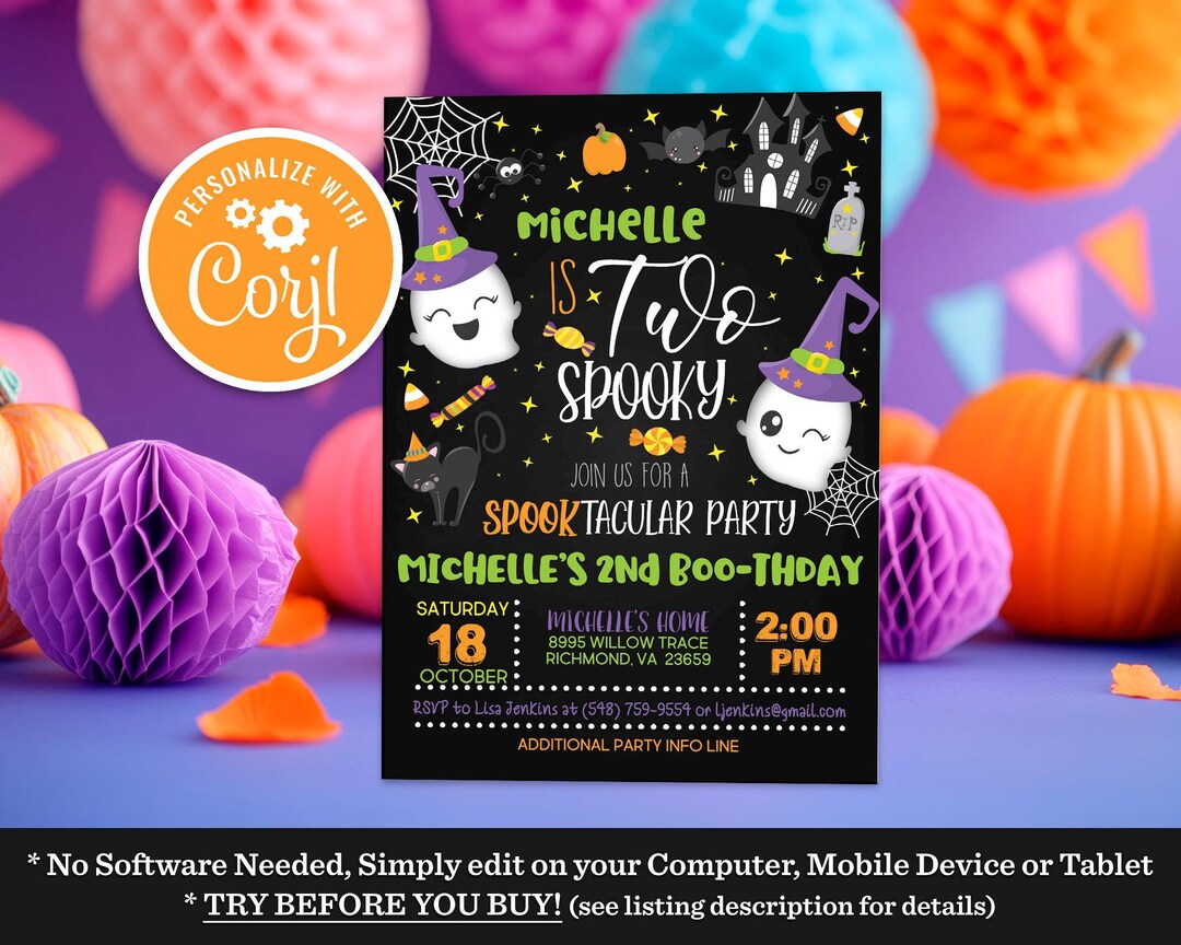Editable Halloween Two Spooky Invitation, Ghost 2nd Birthday Party Cute ...