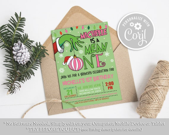 Grinch First Birthday Invitation, Grinch Birthday Invitation Girl ...
