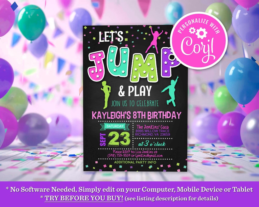 Trampoline Girl Birthday Party Invitation Bounce House Castle ...