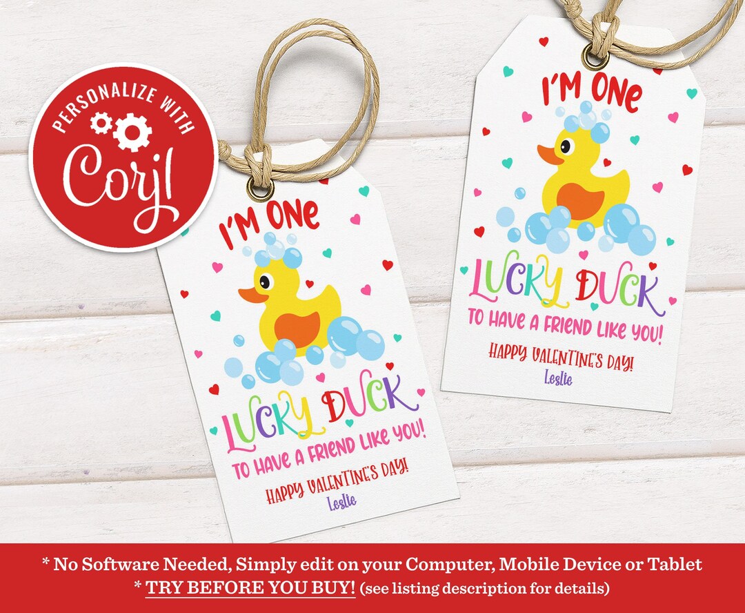 Editable Rubber Duck Valentine's Gift Tag, I'm a Lucky Duck Non Candy ...