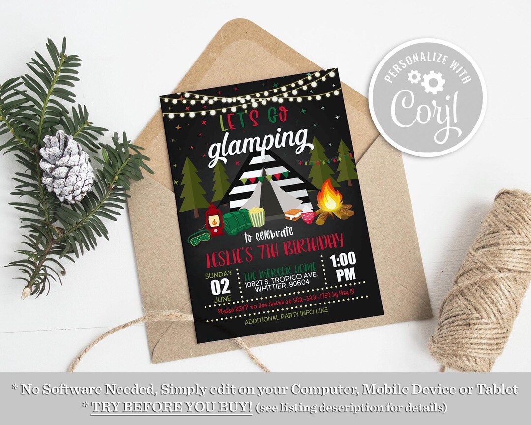 Christmas Glamping Birthday Invitation: Editable Camping Party (digital ...