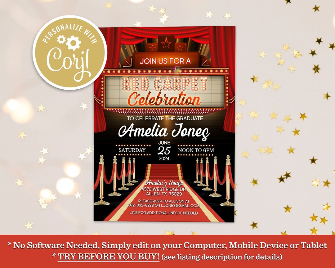 Editable Hollywood Graduation Party Invitation, Hollywood Red Carpet ...