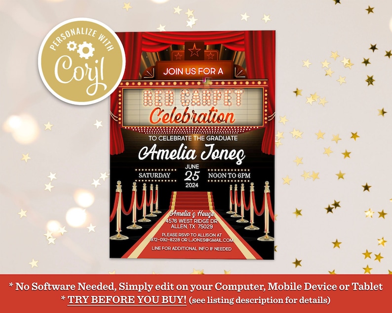 Editable Hollywood Graduation Invitation: Red Carpet VIP Pass ...