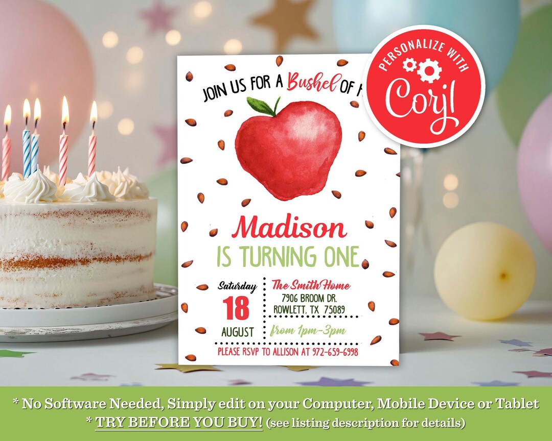 Apple Birthday Invitation: First Birthday, Fall Party (digital Invite ...
