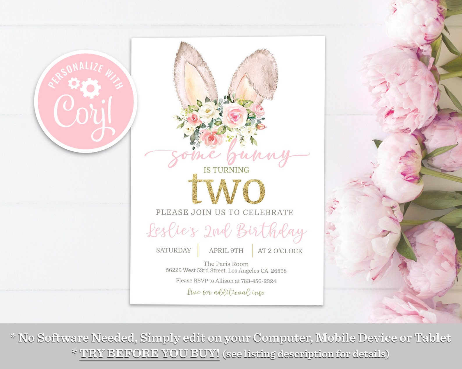 Some Bunny Turning Two Invitation: Pink Floral Easter Rabbit, Editable ...