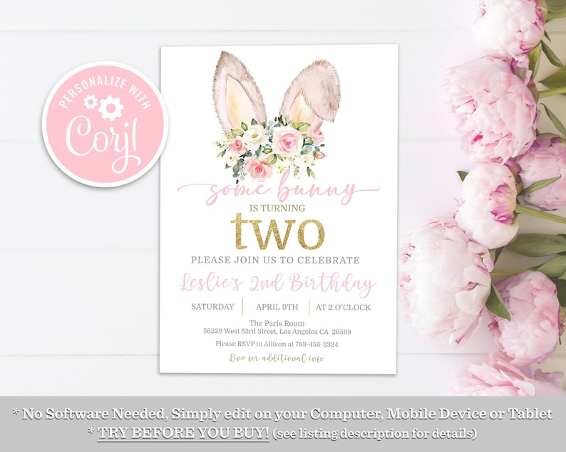 Some Bunny Turning Two Invitation: Pink Floral Easter Rabbit, Editable ...