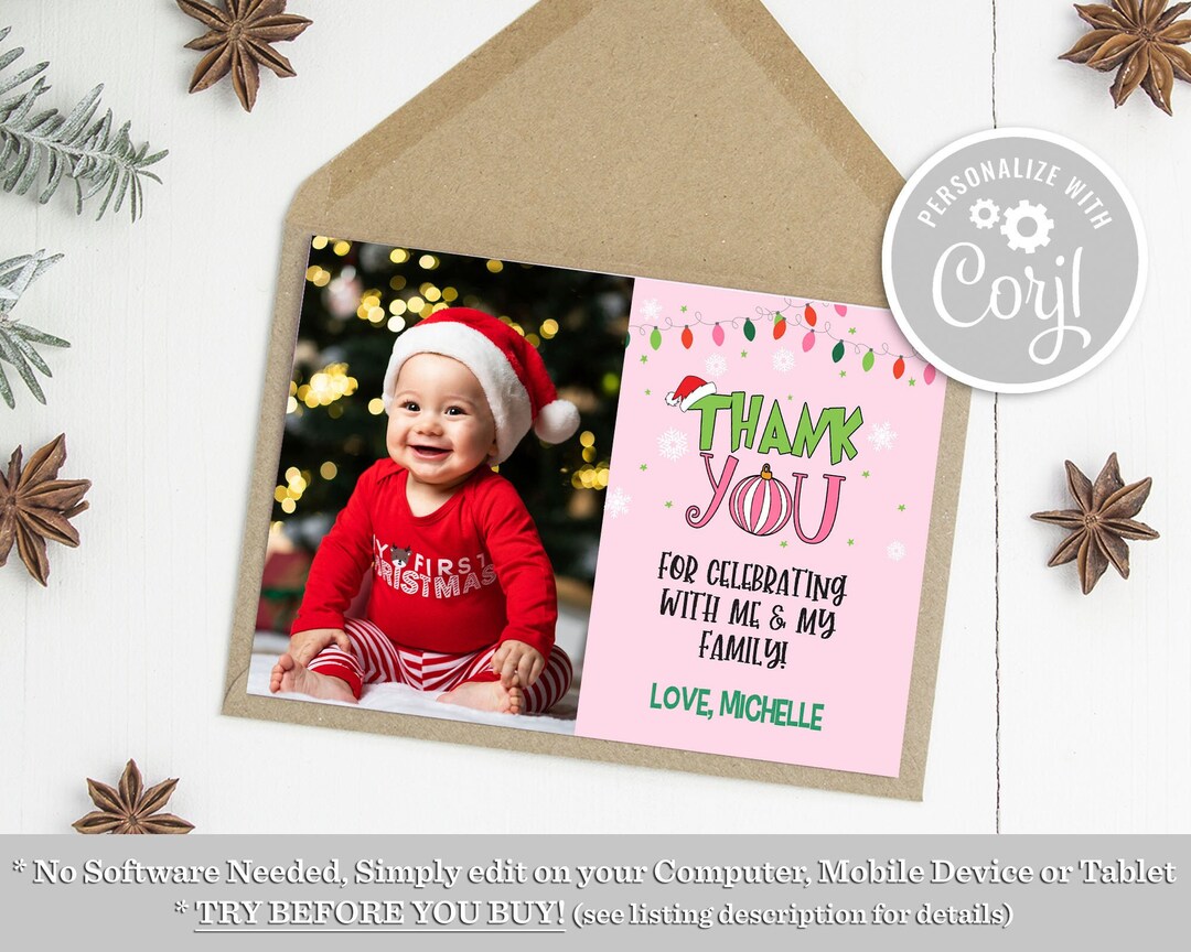 Christmas Birthday Thank You Card: Pink Photo, Editable (digital ...