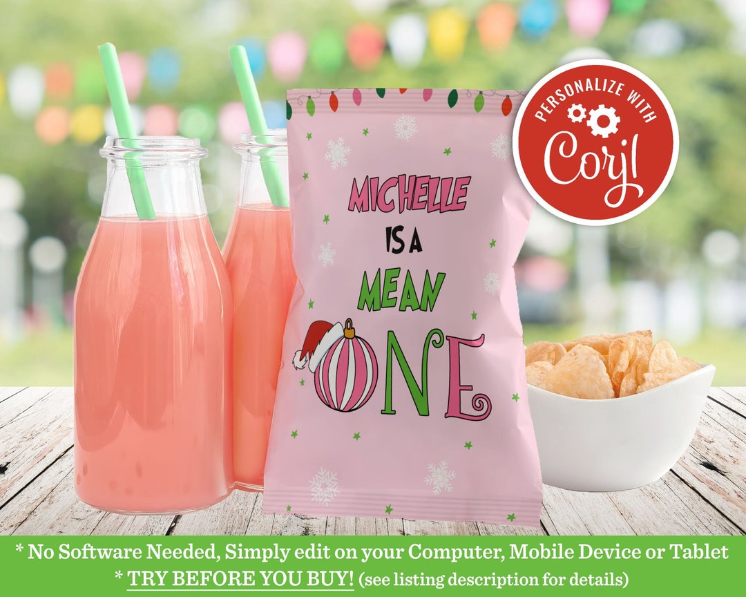 Christmas Mean One Pink Birthday Chip Bag, Editable Favor Template ...
