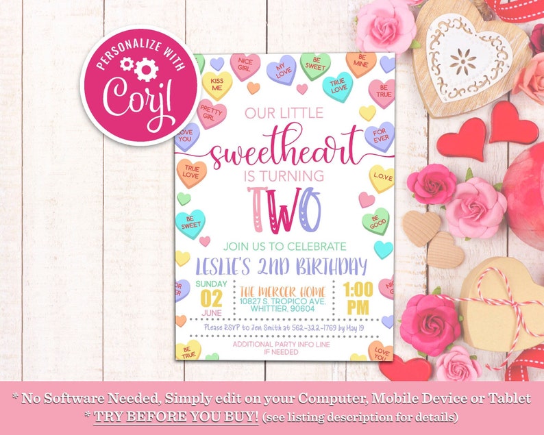 Conversation Hearts Birthday Invitation: Editable Sweetheart Party ...