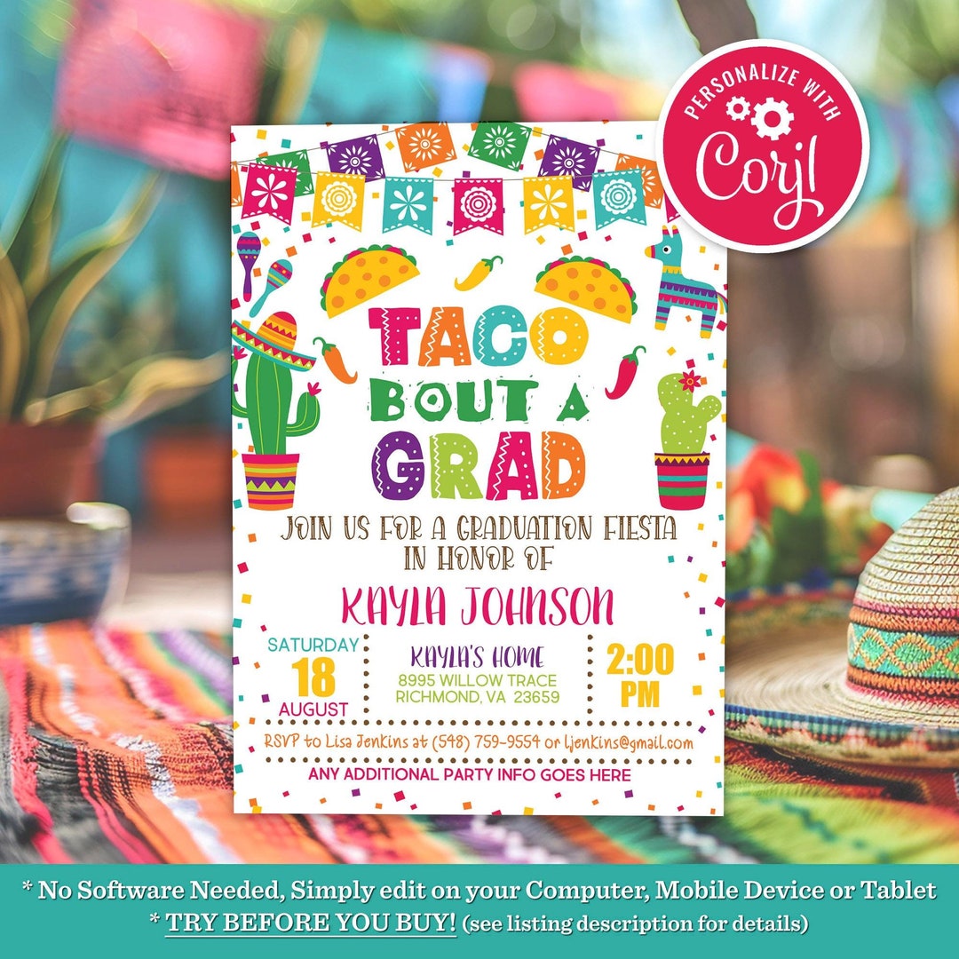 Fiesta Graduation Invitation: Taco Bout a Grad, Mexican Cactus Party ...