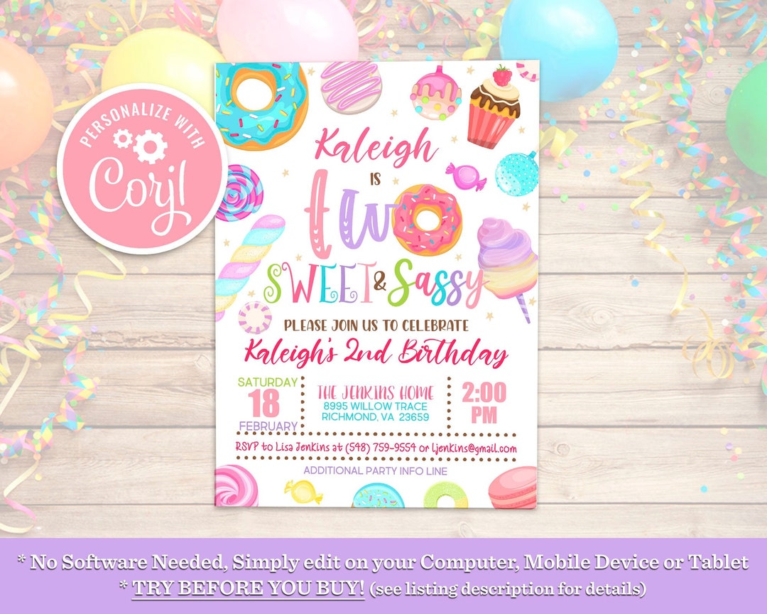 Two Sweet Birthday Invitation: Donut Candy Theme (editable Digital ...
