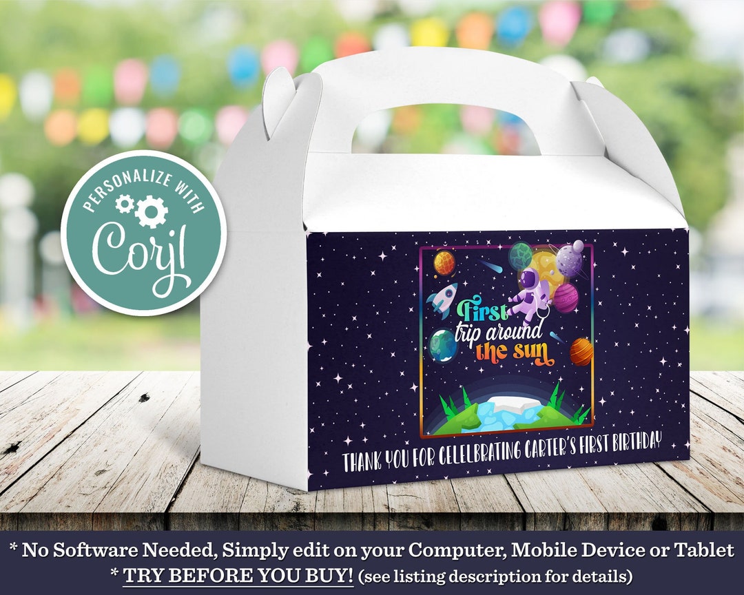 Editable Space Birthday Box Label Outer Space Astronaut Birthday Gift ...