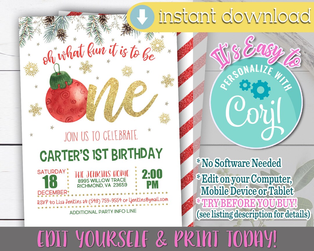 Christmas First Birthday Invitation, Oh What Fun It is to Be ONE ...