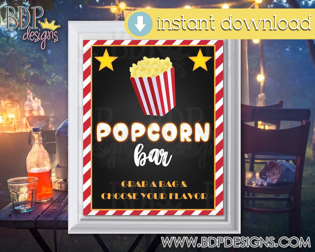 Popcorn Bar Sign: Movie Night Party Decor (PDF & JPEG Download) - Etsy