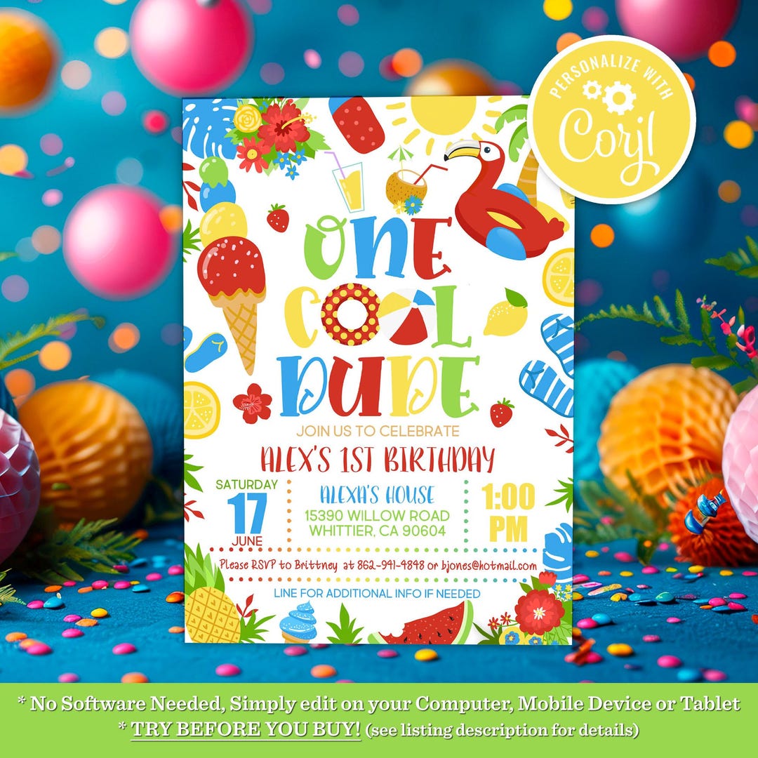 Editable One Cool Dude 1st Birthday Party Invitation, Splish Splash Boy ...