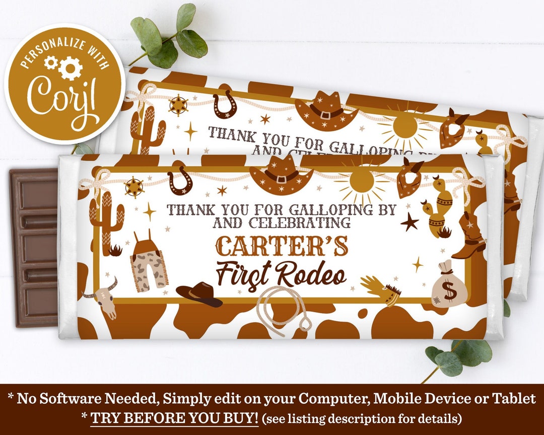 Editable Cowboy First Rodeo Birthday Party Candy Bar Chocolate Wrapper ...