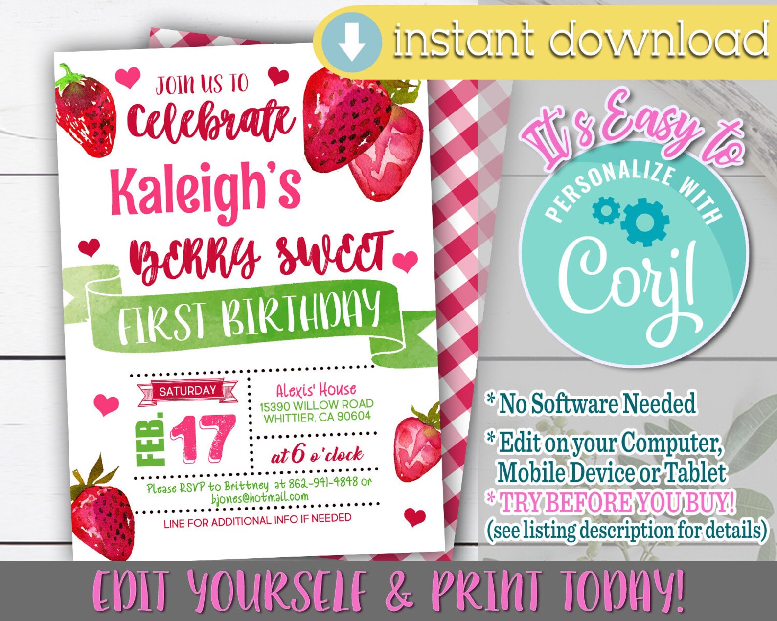 Strawberry Birthday Invitation Strawberry Invitation - Etsy