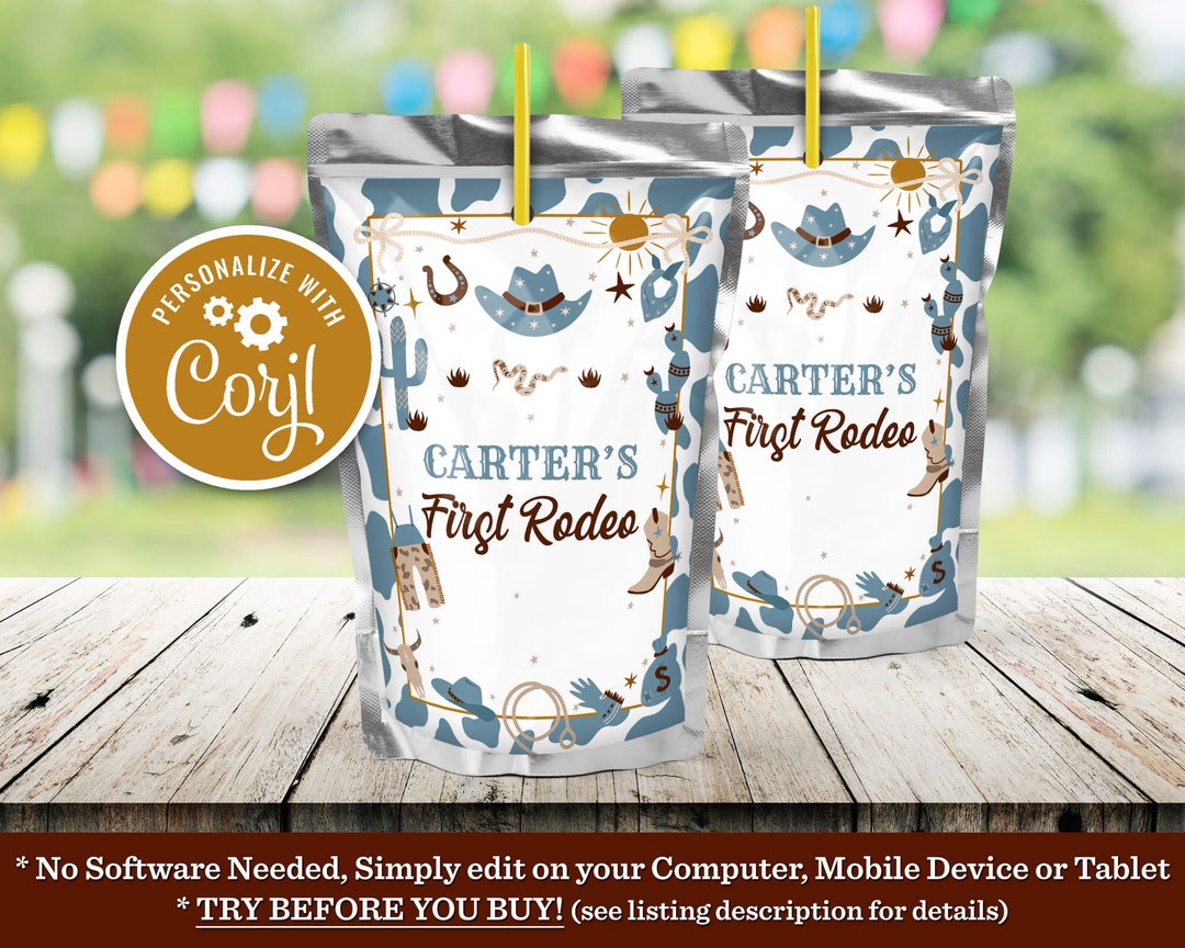 Editable Blue Western First Rodeo Juice Pouch Cowboy Boy First 1st ...