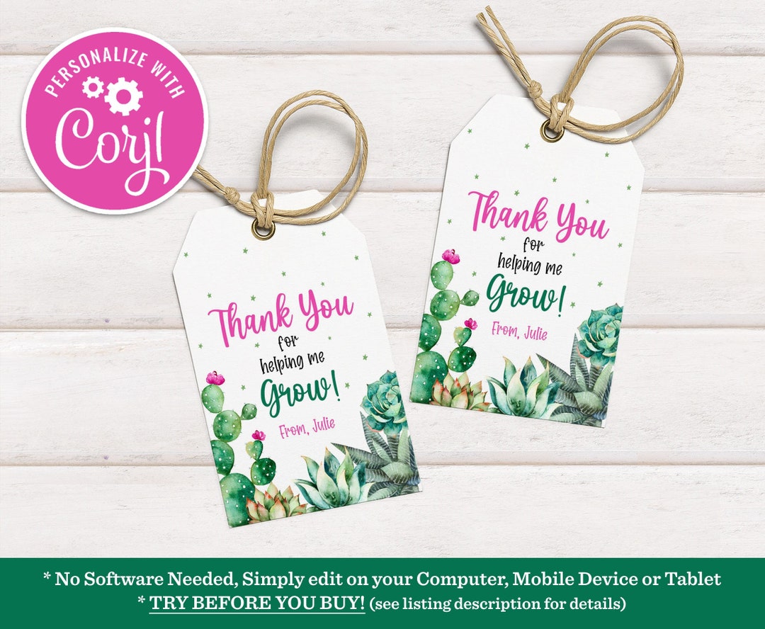 Editable Cactus Back to School Teacher Appreciation Favor Tags Thank ...