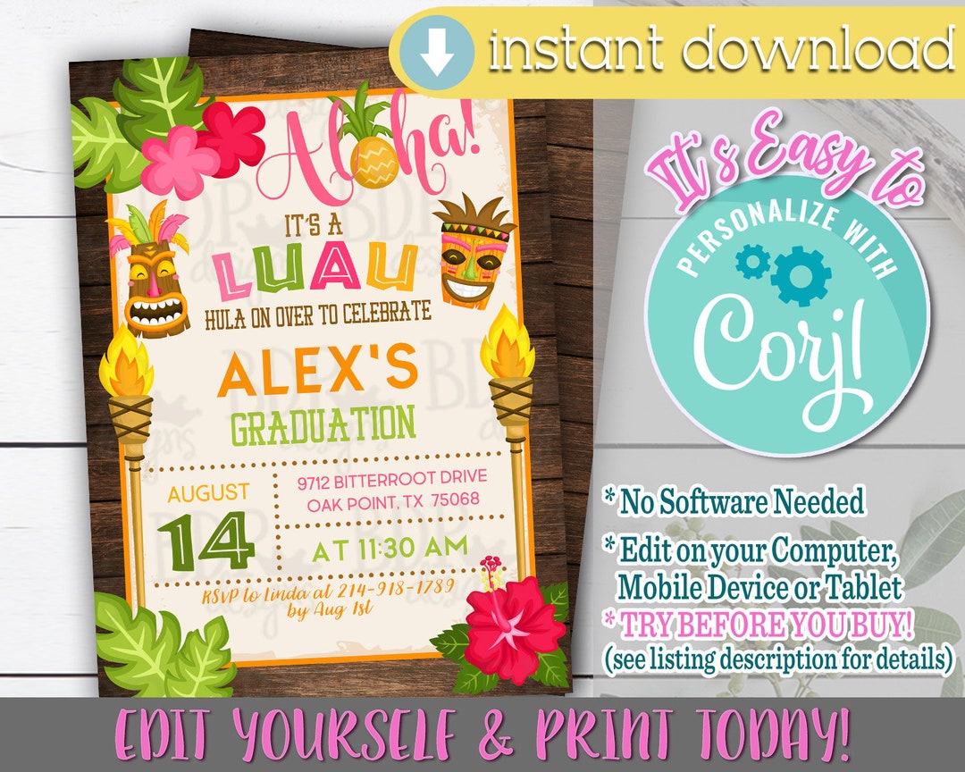 Luau Graduation Invitation, Luau Graduation Invite, Graduation Party ...
