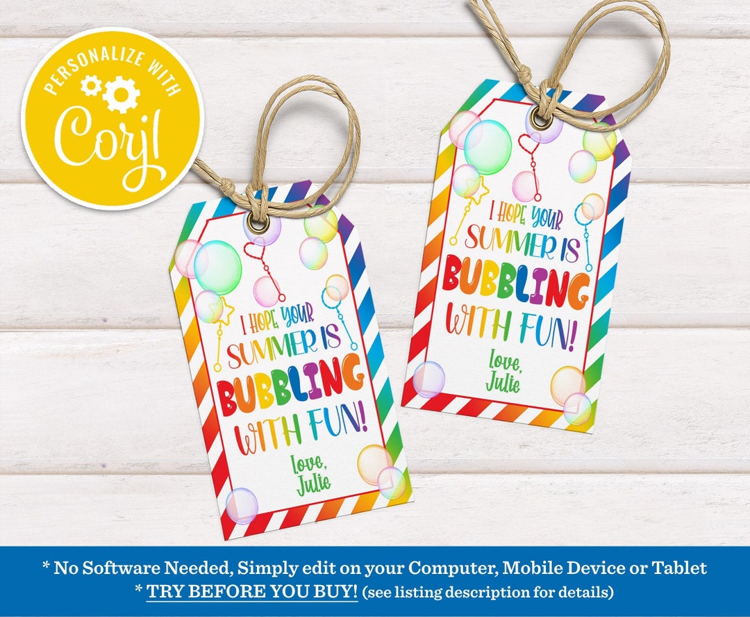 Bubbling With Fun Tag, Summer Bubbles, Kids Bubble Gift Tags, Last Day ...