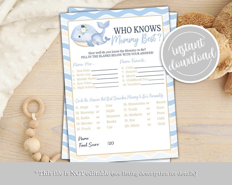Whale Baby Shower Game, Who Knows Mommy Best (digital Download) - Etsy