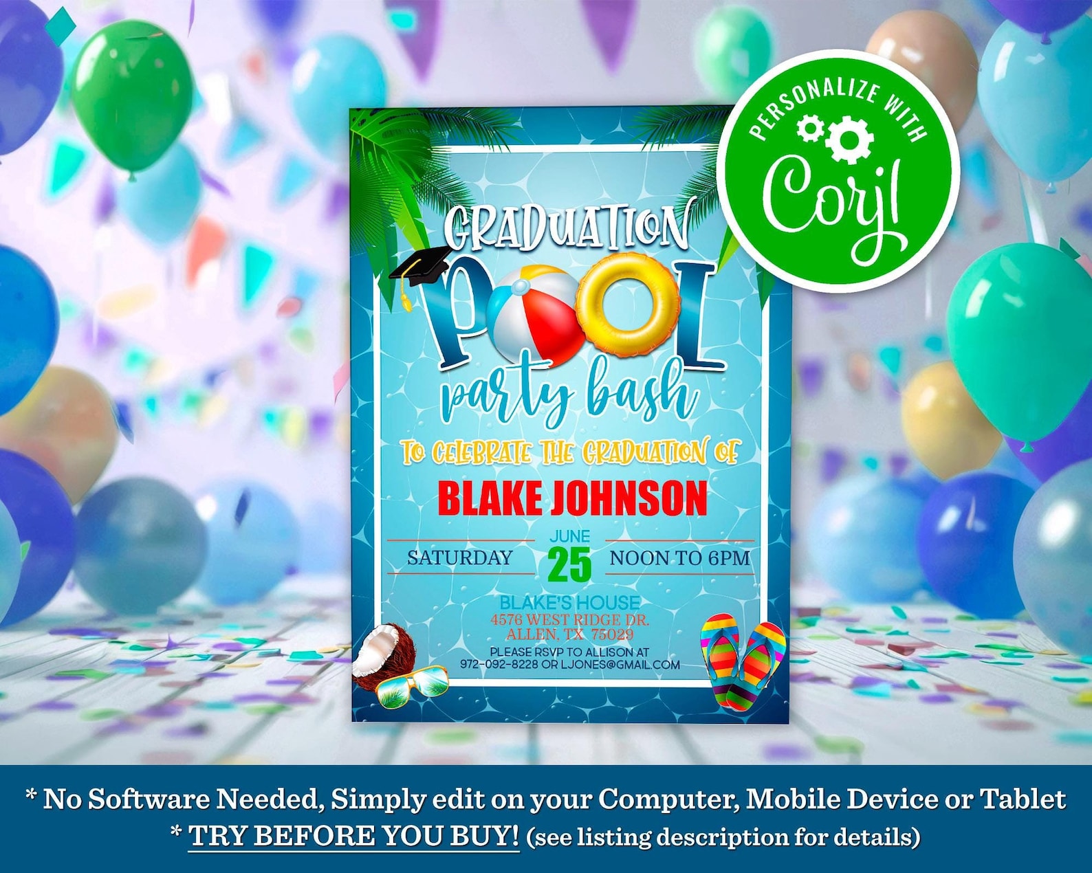 Graduation Pool Party Invitation: Editable Swim Party (digital Invite ...