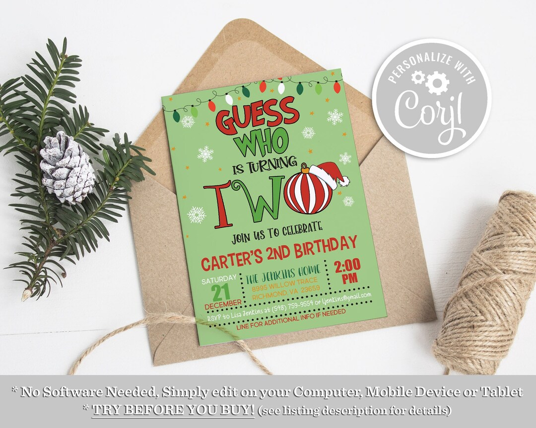 Guess Who is Turning Two Invitation, Christmas Birthday Invitation, 2nd ...